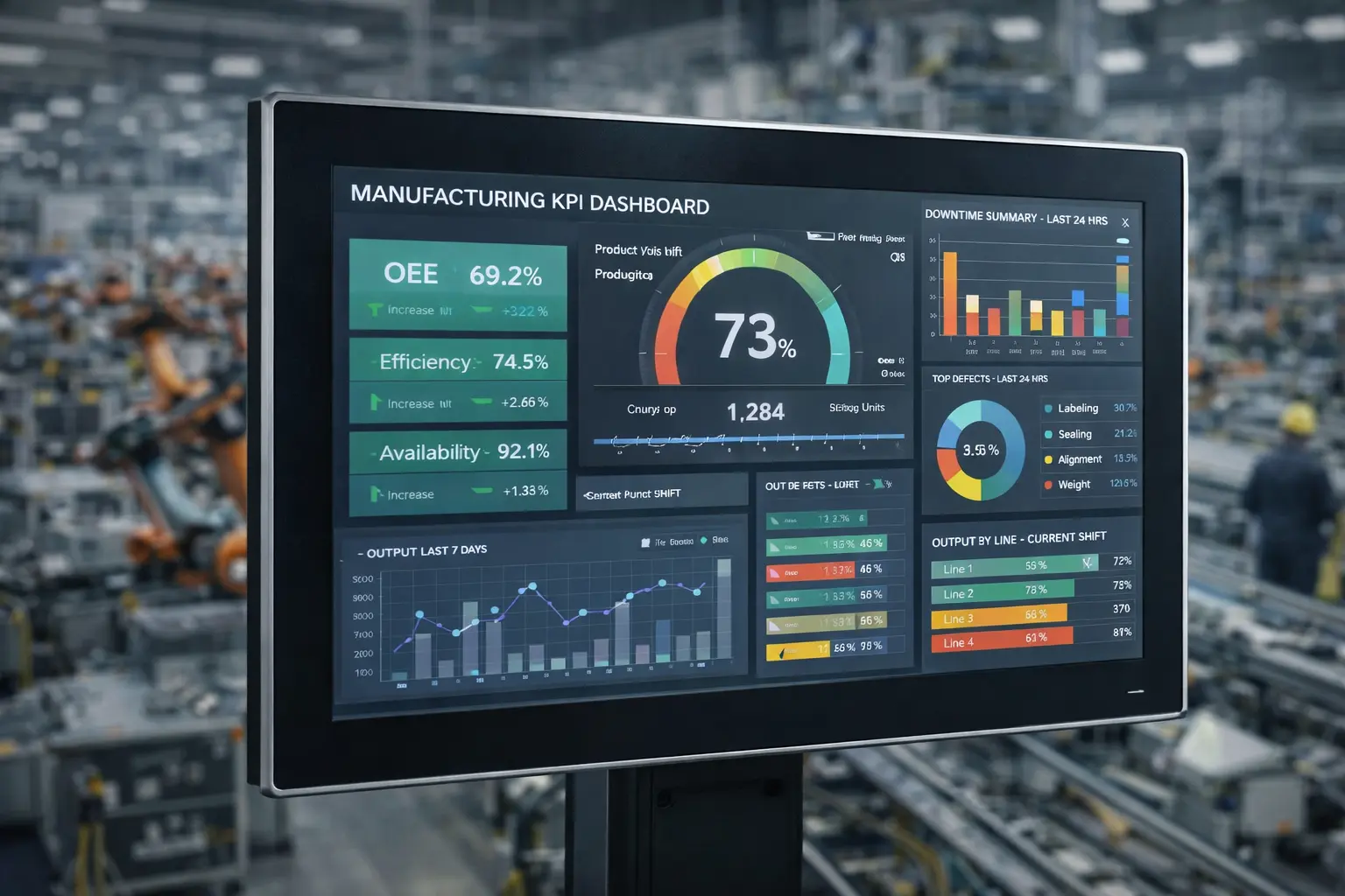 Dashboard de KPIs de producción con monitor industrial – Induvance Labs